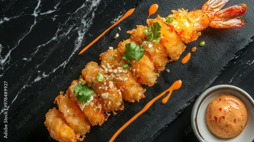 Golden crispy Pla Tubtim Tod Sam Rod with a drizzle of three-flavored ...