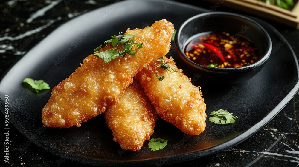 Golden crispy Pla Tubtim Tod Sam Rod with a drizzle of three-flavored ...