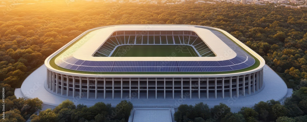 An architectural design of a stadium with eco-friendly elements like ...