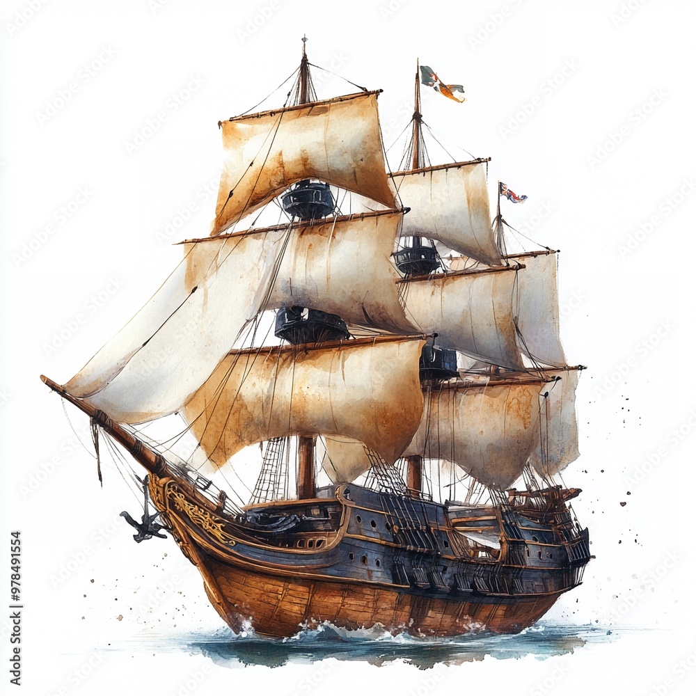 Sailing into the Horizon: A majestic, three-masted galleon, its sails ...