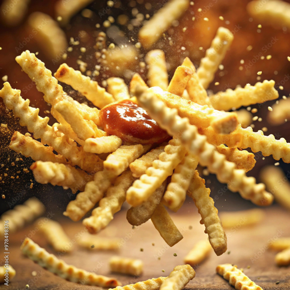 A dynamic shot of crispy French fries with sauce, bursting out in an ...