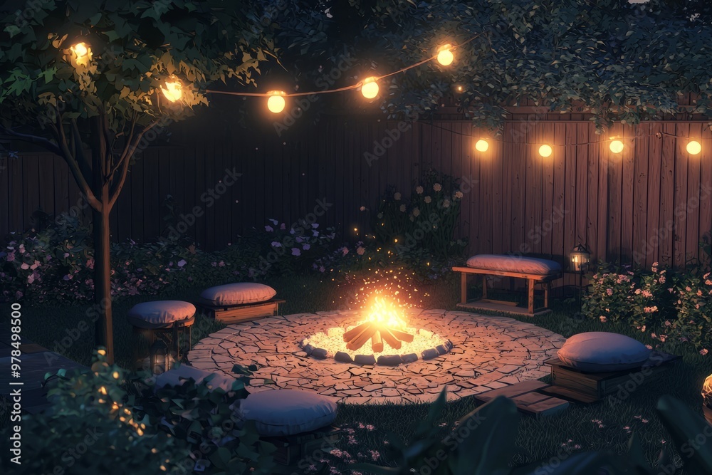 A Cozy Campfire In A Backyard Garden, With A Circle Of Comfy Seats ...