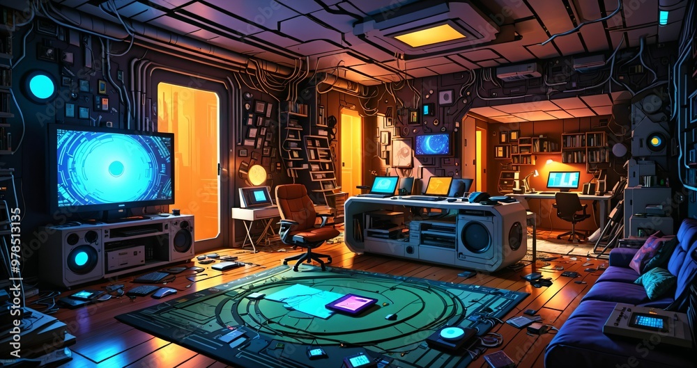 messy living room in futuristic sci fi house home in the woodland ...