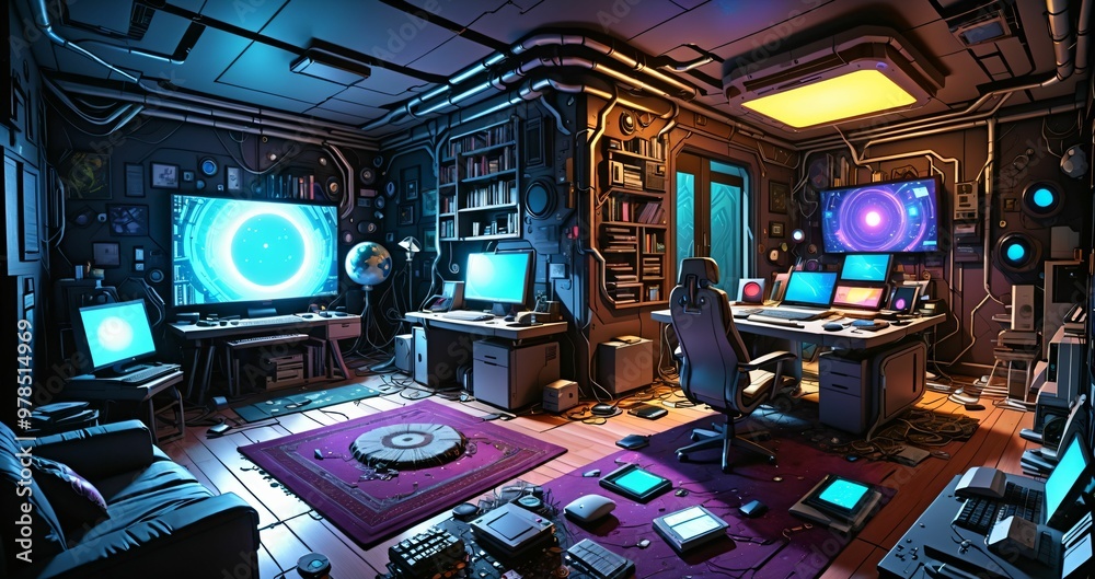 messy living room in futuristic sci fi house home in the woodland ...