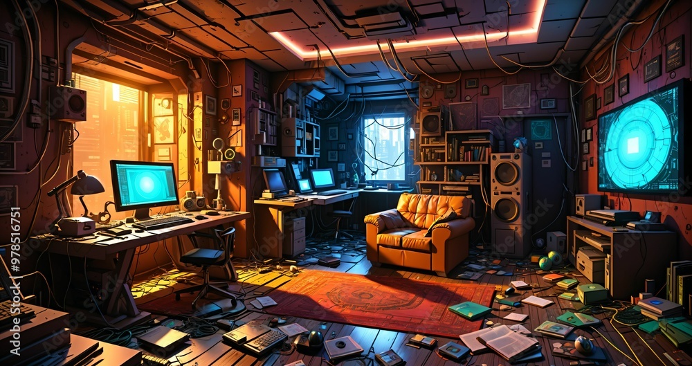 messy living room in futuristic sci fi house home in the woodland forest. abandoned room ...