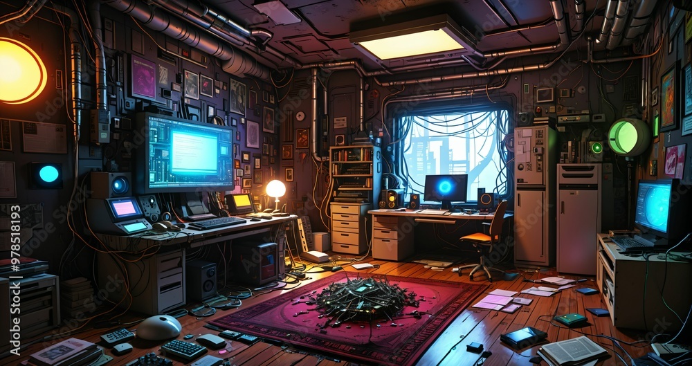 messy living room in futuristic sci fi house home in the woodland ...