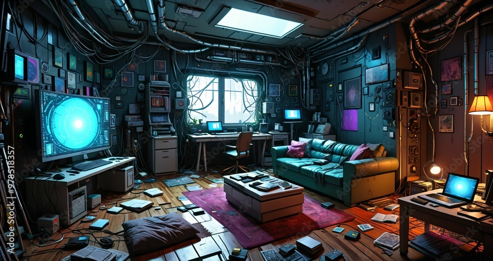 messy living room in futuristic sci fi house home in the woodland ...