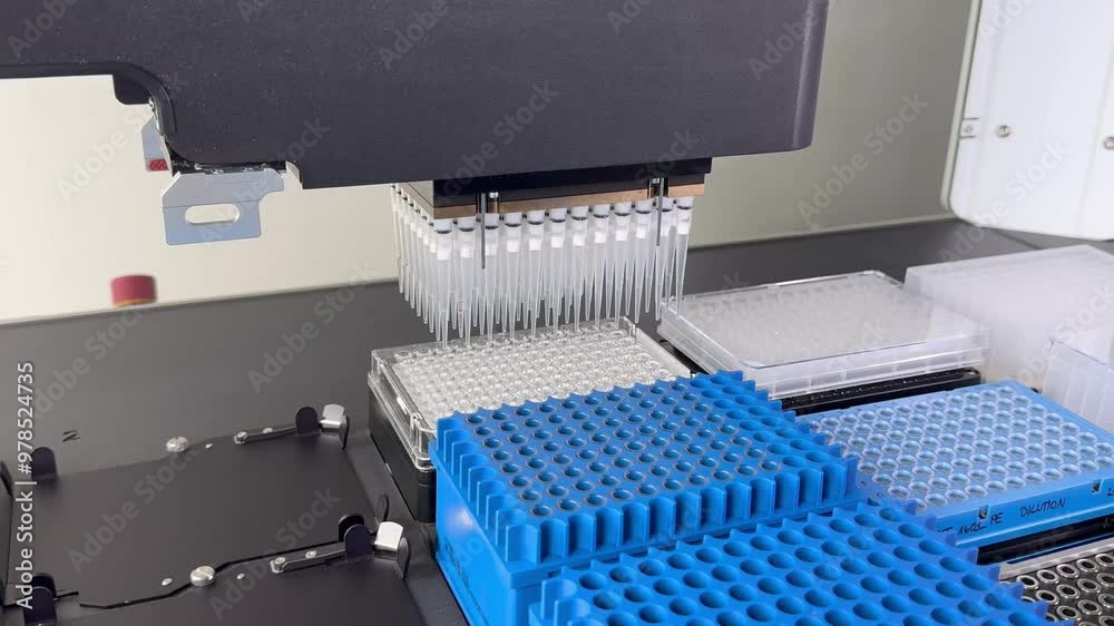 laboratory automated liquid handling system, robotic arm with multiple pipette tips above a tray ...