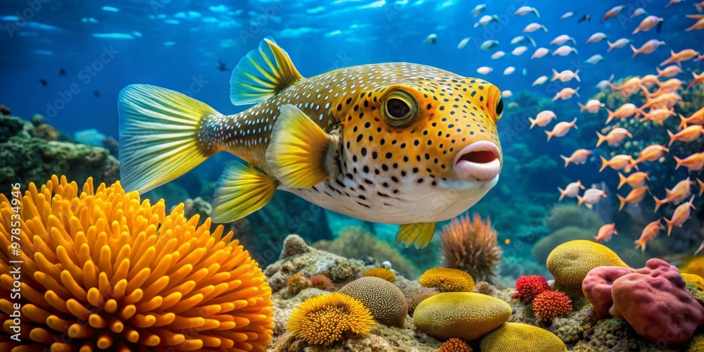 "Vibrant pufferfish swims through coral reef, its inflating body a ...
