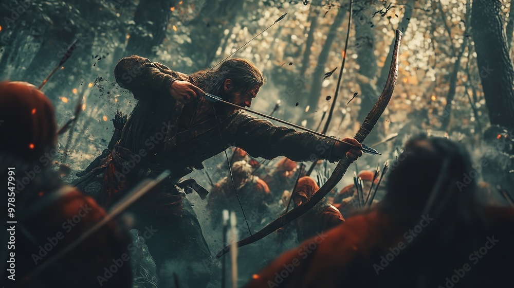 Icon of a mystical elven archer drawing back an enchanted arrow front ...