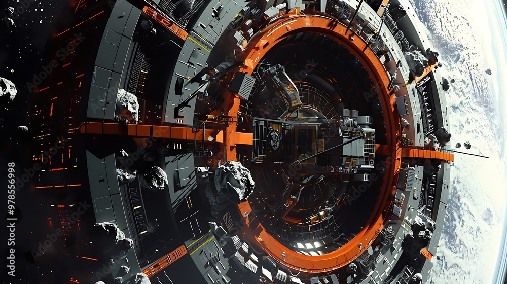 Futuristic space station with a circular design, surrounded by ...