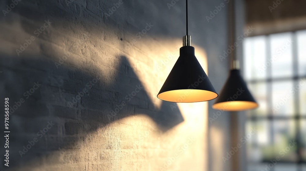 Stylish pendant lights casting warm shadows on a textured wall ...