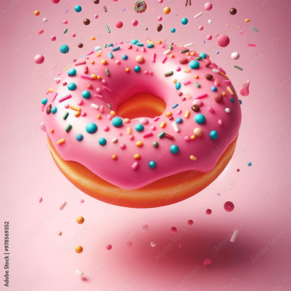 Creative food template. Pink frosting donut doughnut floating flying ...
