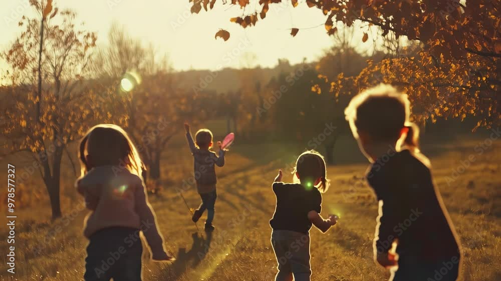 Sun-dappled orchard with children playing frisbee. Golden hour light ...
