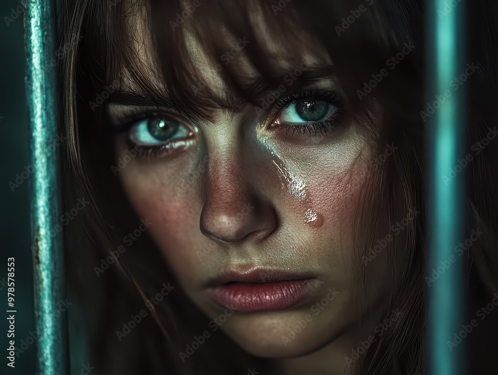 Woman behind bars, one tear rolling down her cheek, captured in a ...