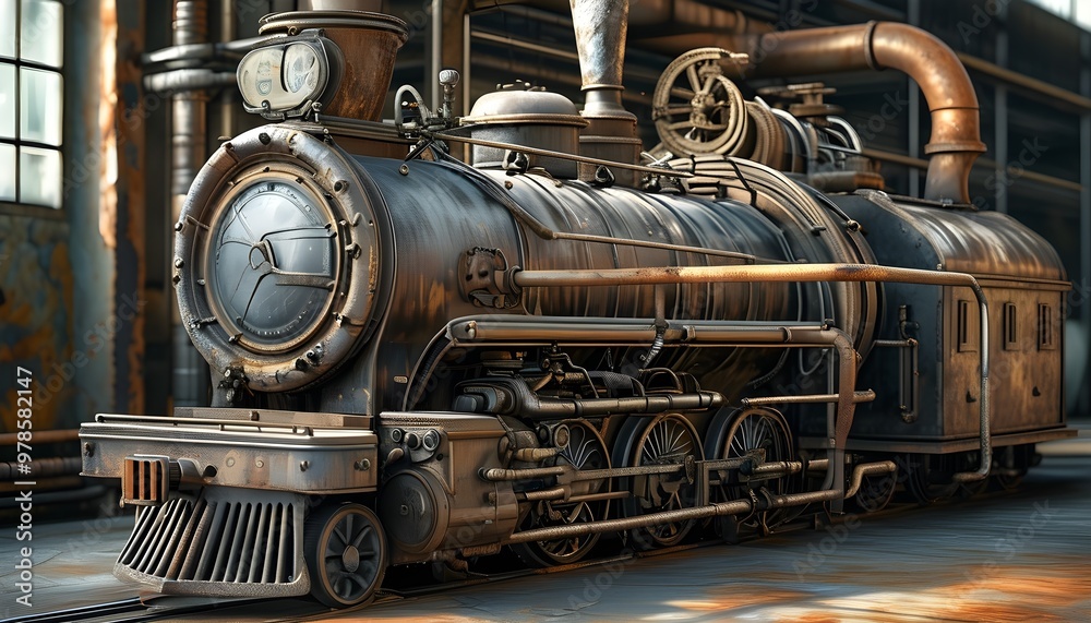 Dramatic industrial steam engine rendering showcasing intricate piping ...