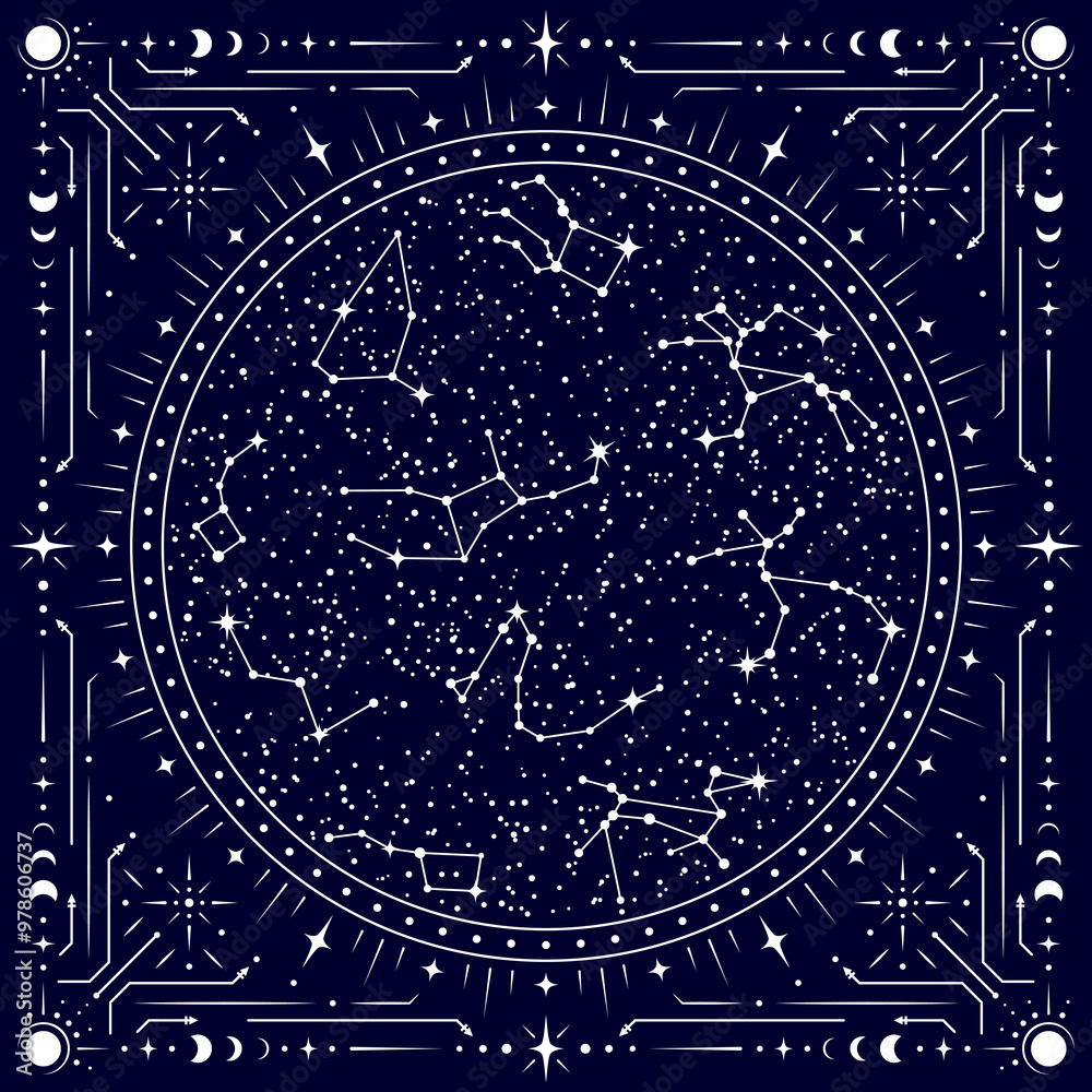 Celestial tarot frame with star constellations map against a dark night ...