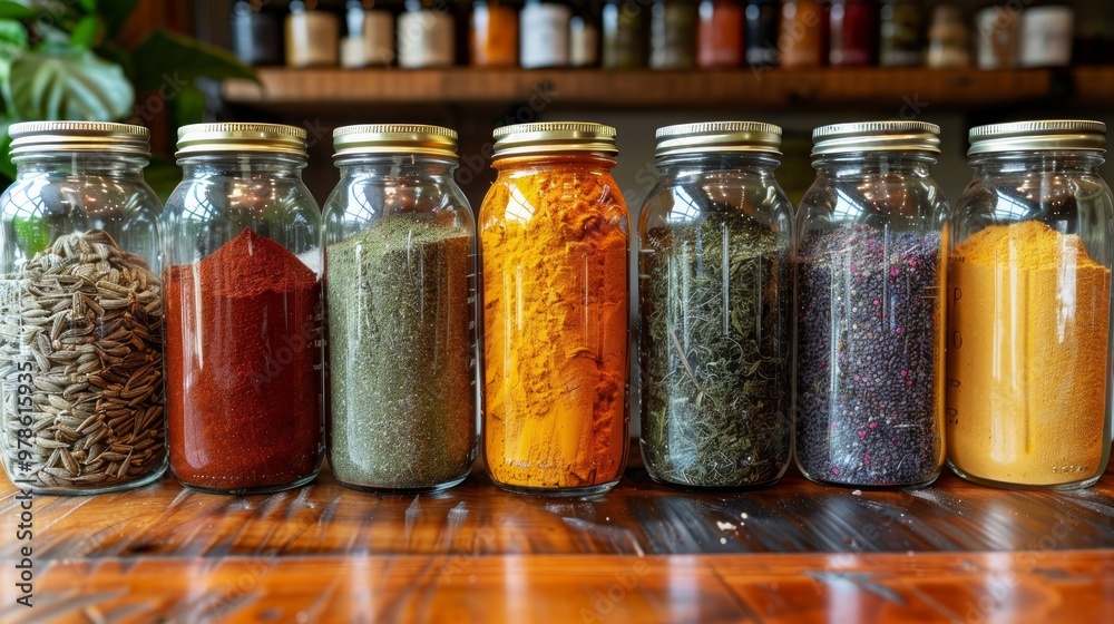 A row of jars with different colored food inside. The jars are labeled ...