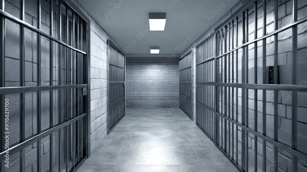 The corridor features multiple barred cells along both sides, with gray ...