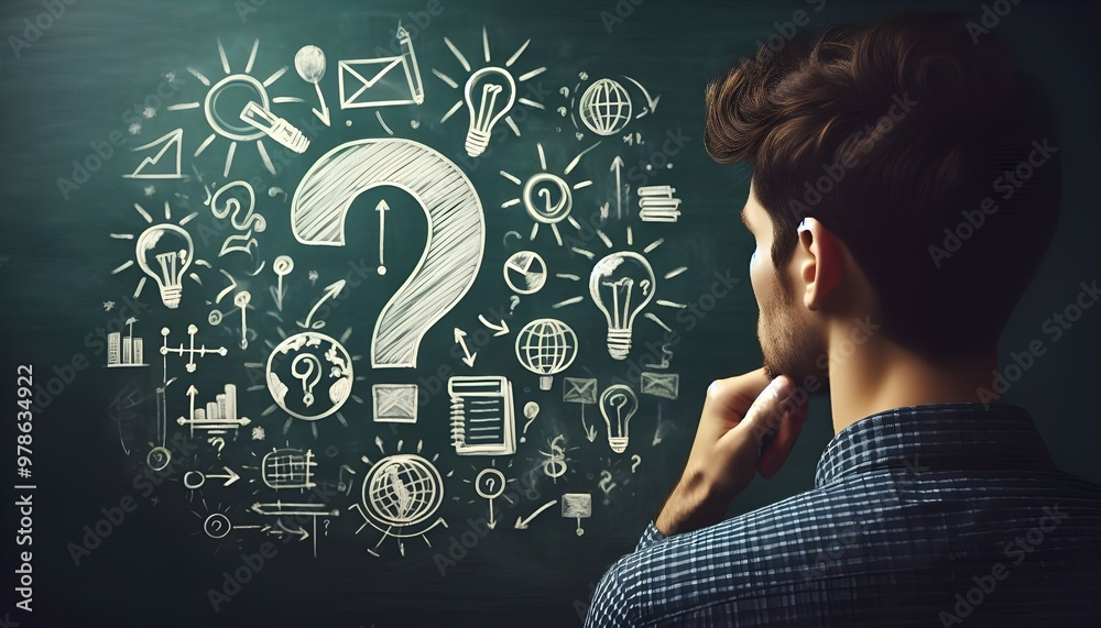 Back view of thoughtful young european male with chalk drawn question ...