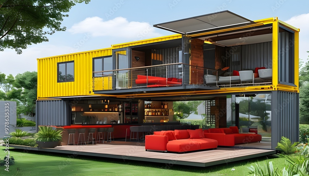 Modern yellow shipping container home featuring an open floor plan with ...