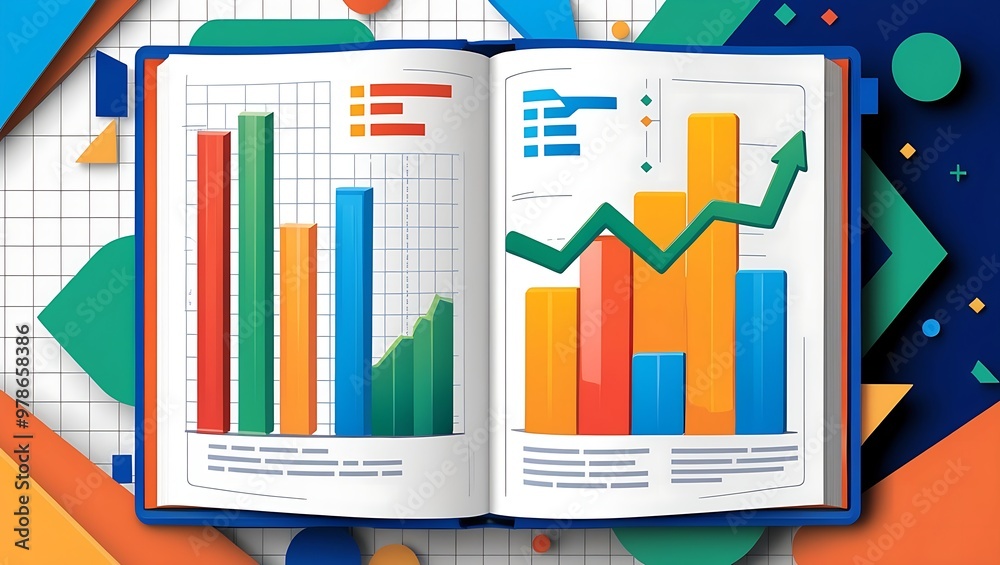 Open book displaying vibrant bar and line graphs on both pages, perfect ...