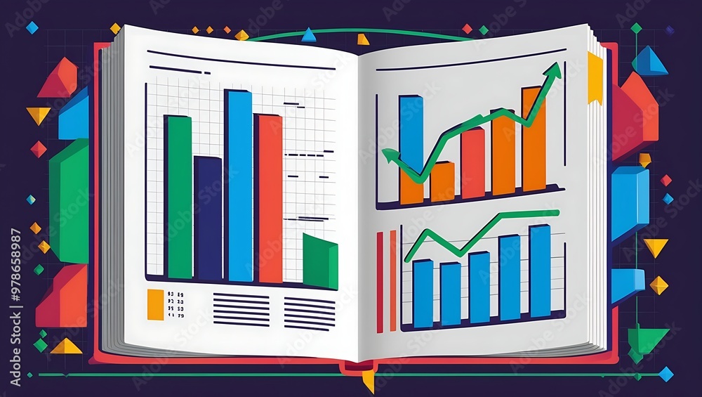Open book displaying vibrant bar and line graphs on both pages, perfect ...