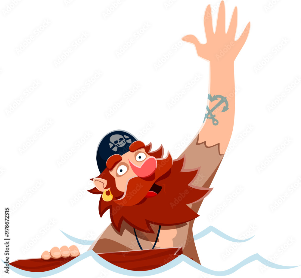 Cartoon distress drowning pirate corsair character partially submerged ...