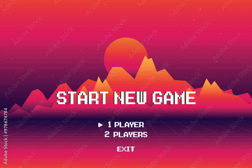 Start new game, Retro background futuristic landscape 1980s style ...