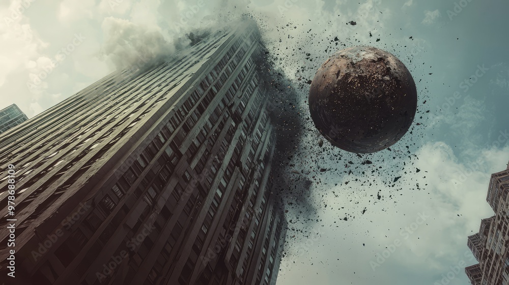 A towering building faces destruction as a massive asteroid collides ...