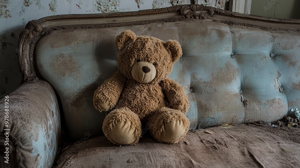 A tattered teddy bear on a worn sofa, a silent witness to the harsh ...