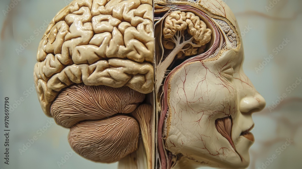 Detailed anatomical model featuring a human brain and facial structure ...
