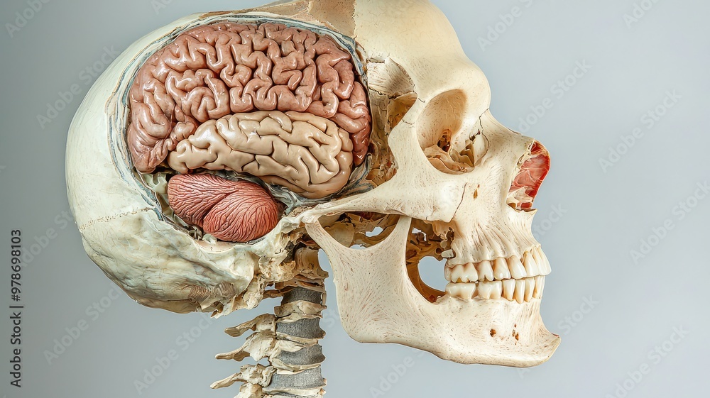 Detailed anatomical model showcasing the human skull and brain ...