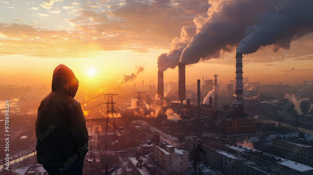 Industrial Impact Coal power plant with high pipes emitting black smoke ...