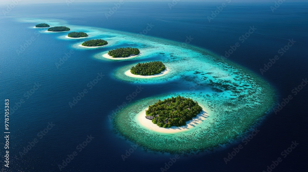 Aerial view of a chain of islands in the Maldives, each surrounded by ...