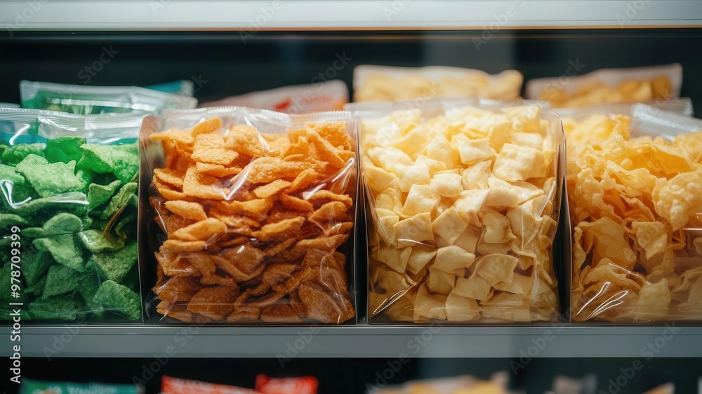 Packaged tofu snacks in a vending machine, brightly colored packaging ...
