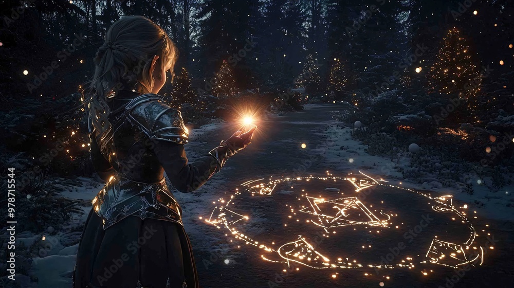 Enigmatic Elf Sorceress in Shining Armor Conjuring Spells in Enchanted ...