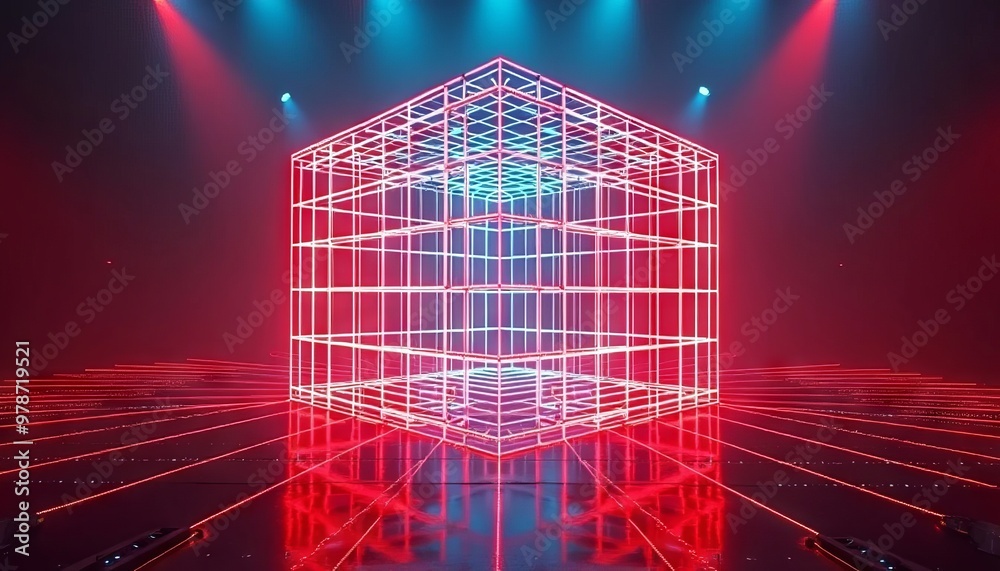 Futuristic Stage Design with Red and Blue Laser Grid Cube Stock ...