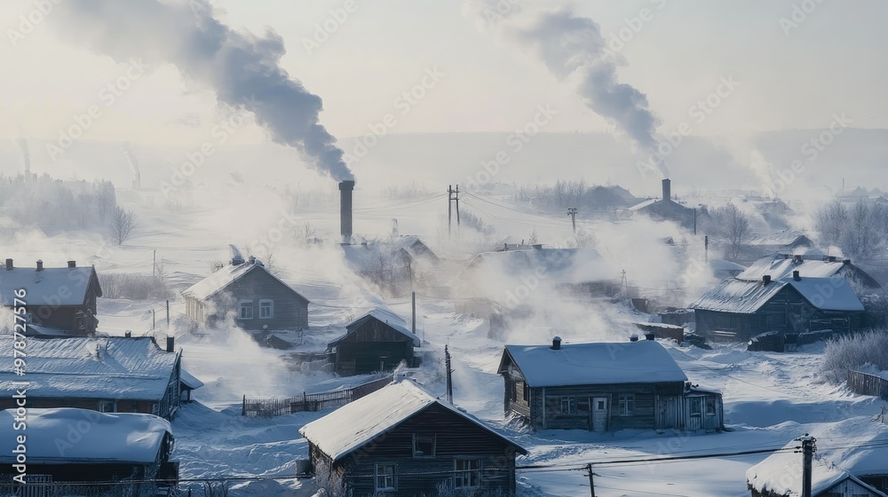 Smoke rising from chimneys of snow-covered homes in Oymyakon, the air ...
