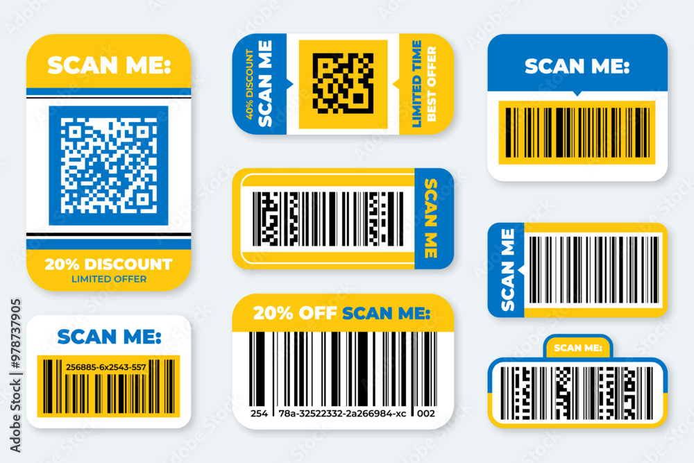 QR and bar code scan me stickers and labels set. Collection of modern ...