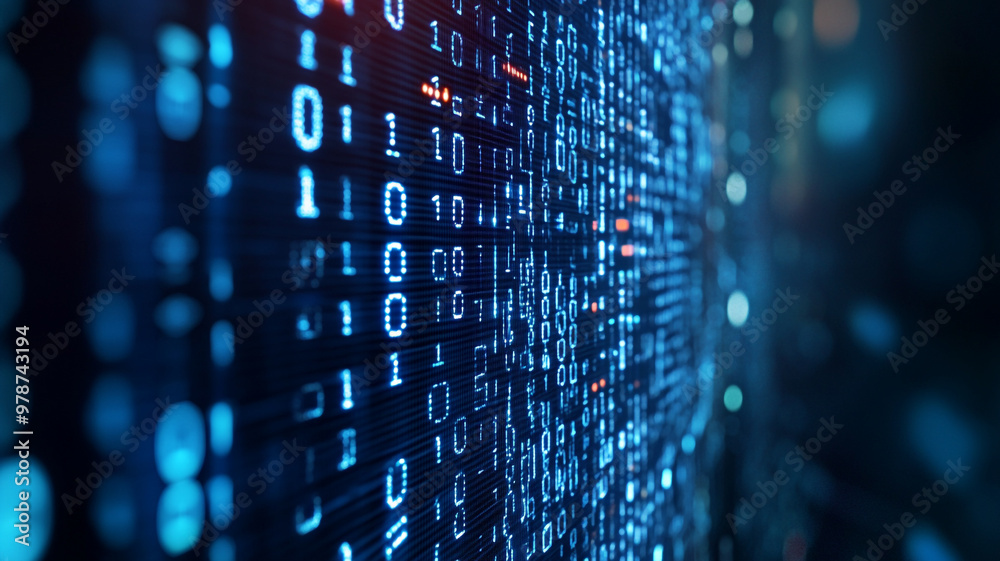 Abstract digital data flow in vibrant blue tones with binary code representation at night Stock ...