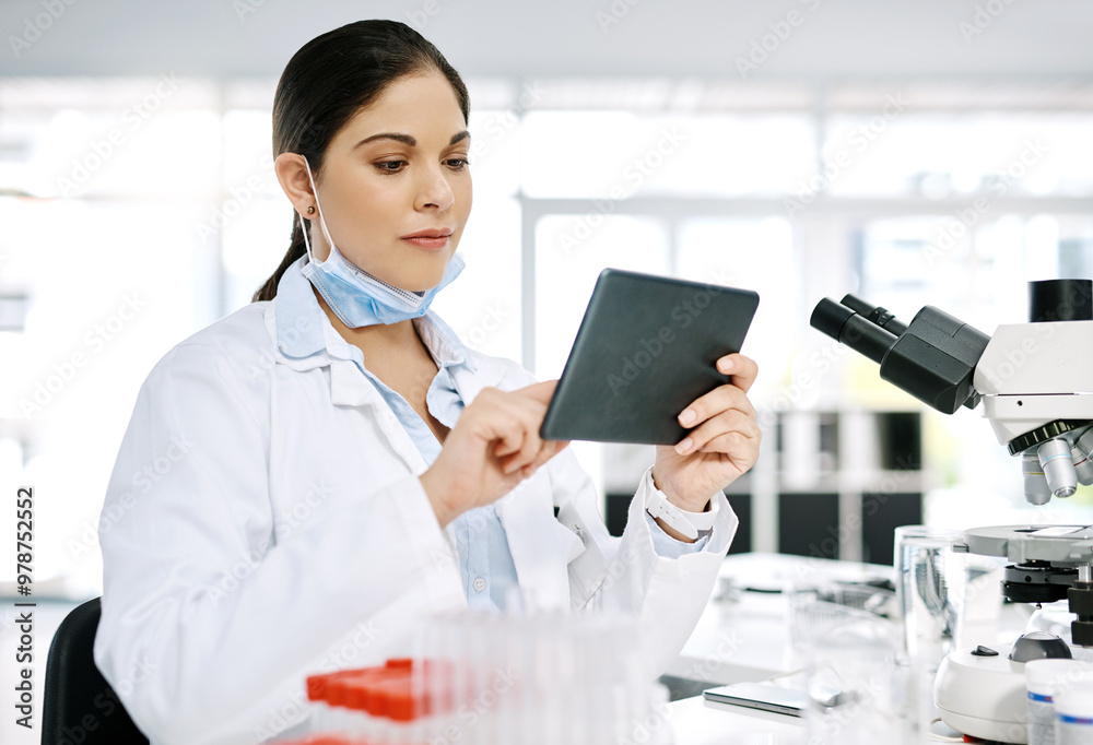 Science, laboratory and woman with tablet, research or study in ...