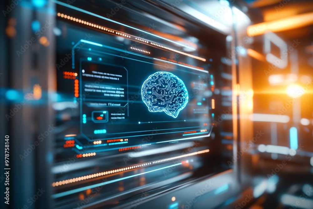 A futuristic digital screen displaying a chatbot interface with a blue ...