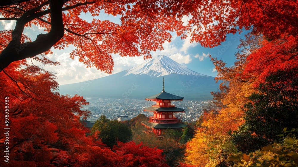 Autumn foliage frames the iconic Mount Fuji from Chureito Pagoda in ...