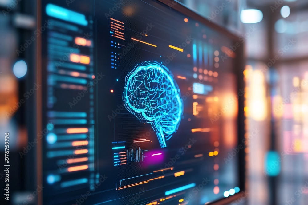 A digital screen in a server room showcases an AI chatbot with an ...