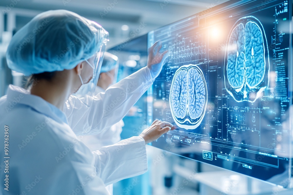 Neuroscience researchers collaborating in a lab with holographic ...