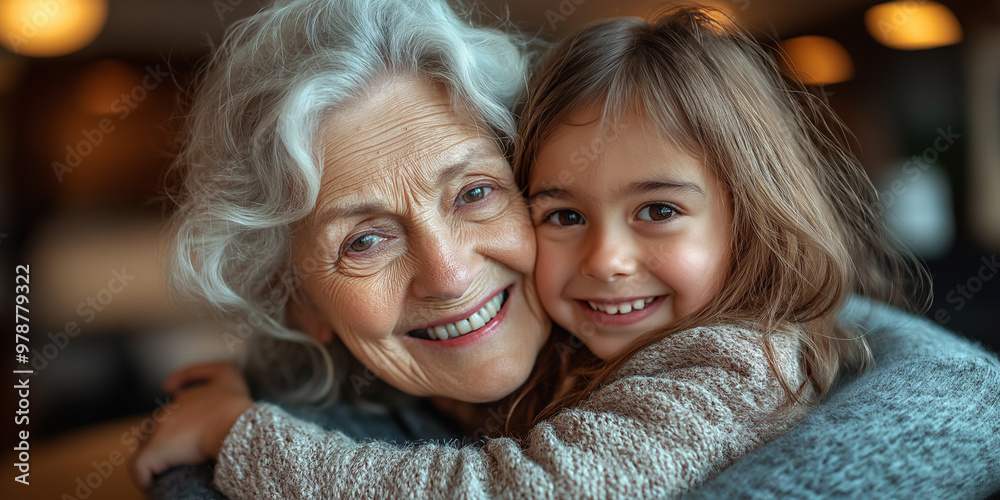 Mom and elderly grandma hugging cute tween girl posing for family ...