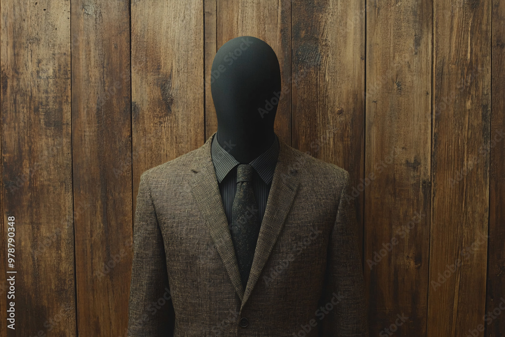 Faceless mannequin dressed in a brown tweed suit with a black shirt and ...