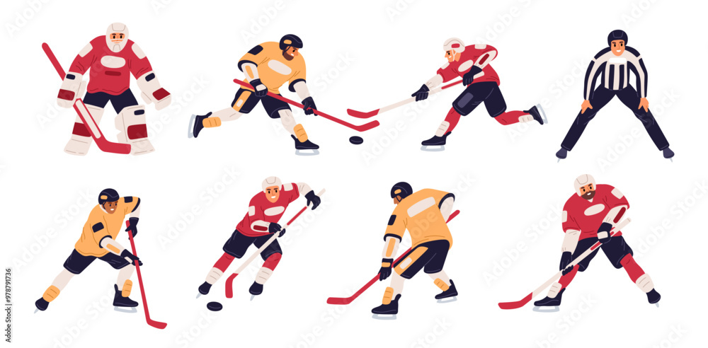 Cartoon hockey players. Professional athletes with clubs in dynamic ...