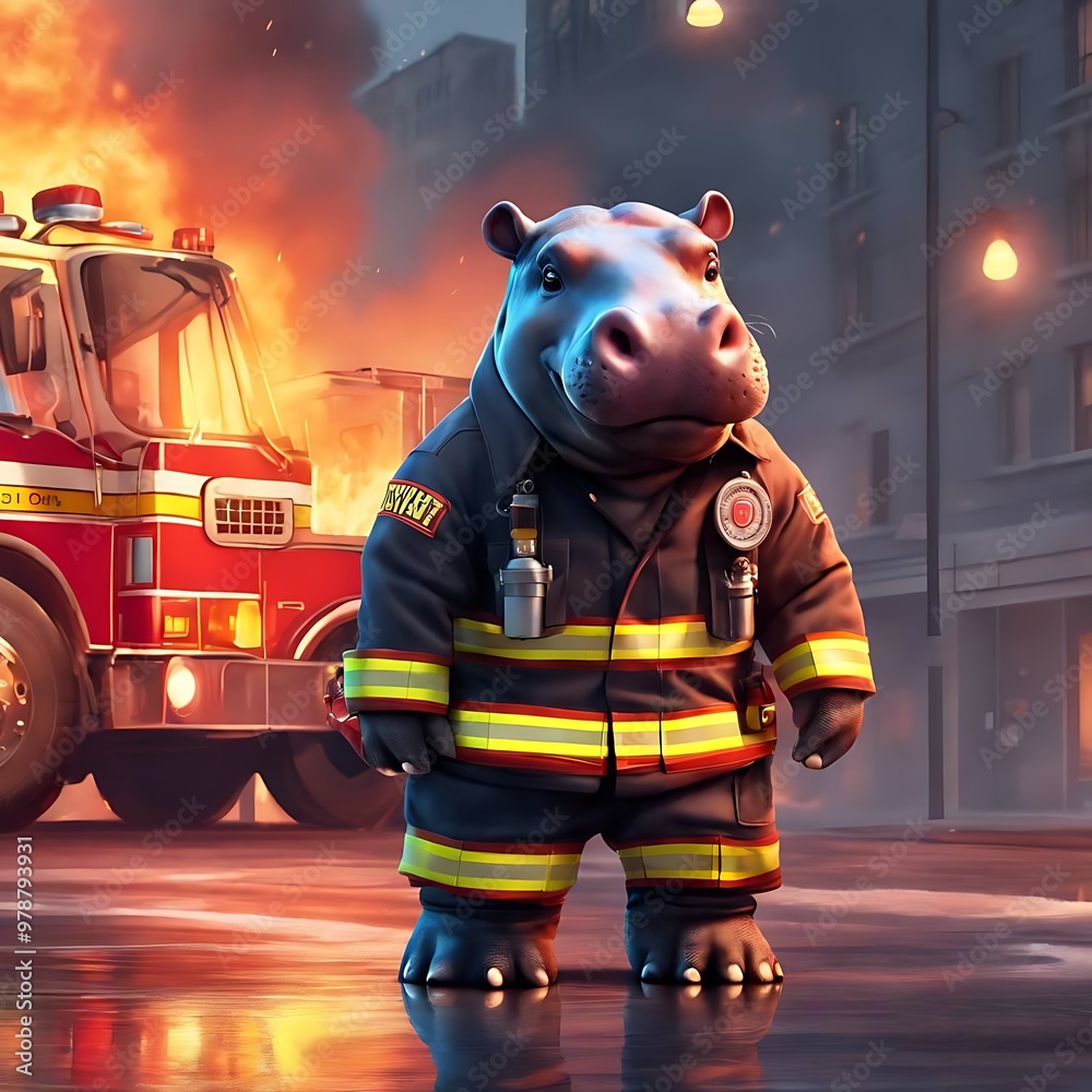 A baby hippo wearing a firefighter's uniform fights a burning fire for ...